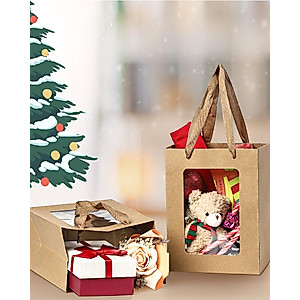 VAGREEZ 15 Pcs Paper Gift Bags with Transparent Window, Kraft Goodie Bags with Handles, Bulk Shopping Bags, Ideal for Halloween, Christmas, Birthday, Wedding, Party Favors, and Bulk Packaging, Brown