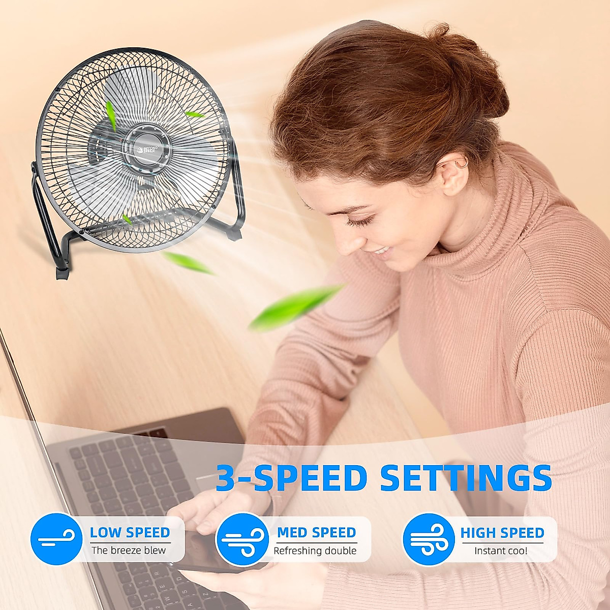BEYOND BREEZE 9 inch Floor Fan, 3-Speed Small All Metal Cradle Floor Fans with Adjustable Tilt for Desk, Tabletop, Office