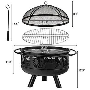 Giantex Round Fire Pit, 30 Inch Outdoor Wood Burning Fire Bowl with Fire Poker & Cooking Grill Grid, Spark Screen Cover, Heavy-Duty Metal Firepit for Patio Barbecue Camping Bonfire Party (Black)
