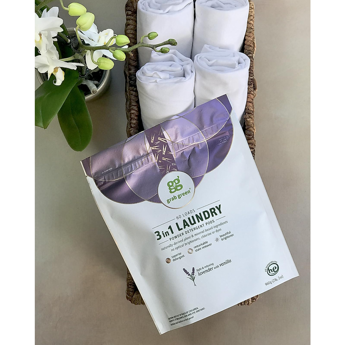 Grab Green 3-in-1 Laundry Detergent Pods, 24 Count, Lavender Vanilla Scent, Plant and Mineral Based, Superior Cleaning Power, Stain Remover, Brightens Clothes