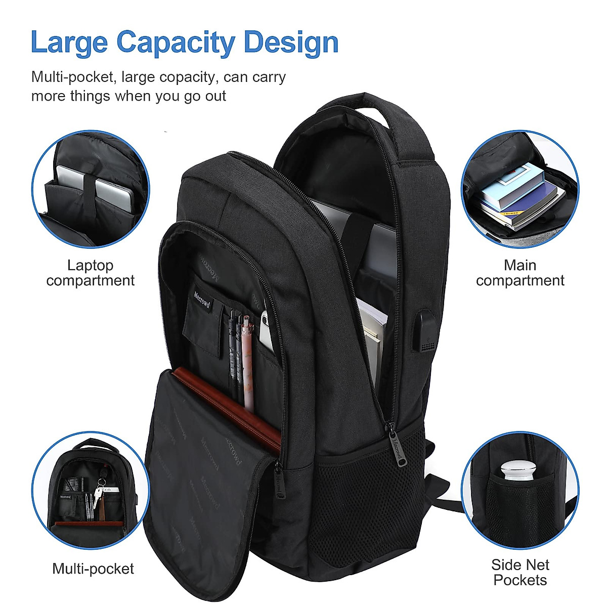 Mecrowd Laptop Backpack for Men, Anti Theft Backpack with USB Charging Port, 15.6 Inch Large Backpack for Travel Business (Black)