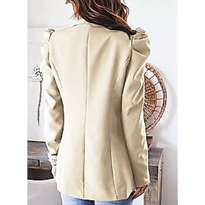 Asvivid Womens Tweed Blazers Casual Open Front Office Blazers Puff Sleeve Jackets Work Suit with Pockets Apricot,M