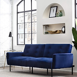 Edenbrook Gilman Futon - Futon Sofa Bed - Futon Couch - Small Futon - Living Room Furniture - Armed Sofa Bed Couch - Sleeper Sofa - Navy Blue Velvet Futon, Deluxe