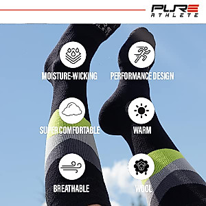 Pure Athlete Eco Friendly Winter Ski Socks - Sustainable Cold Weather Hiking Snowboard Socks (L, 2 Pairs - Black/Grey/Neon Green)