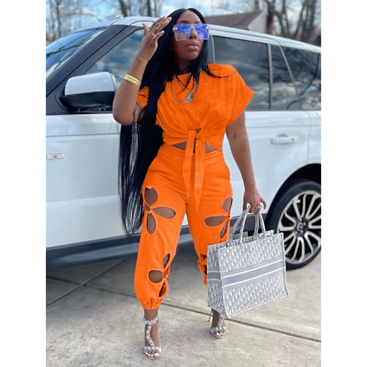 Women 2 Piece Outfit Summer Short Sleeve White Shirt Sweatpants Set Workout Jogger Sweatsuit