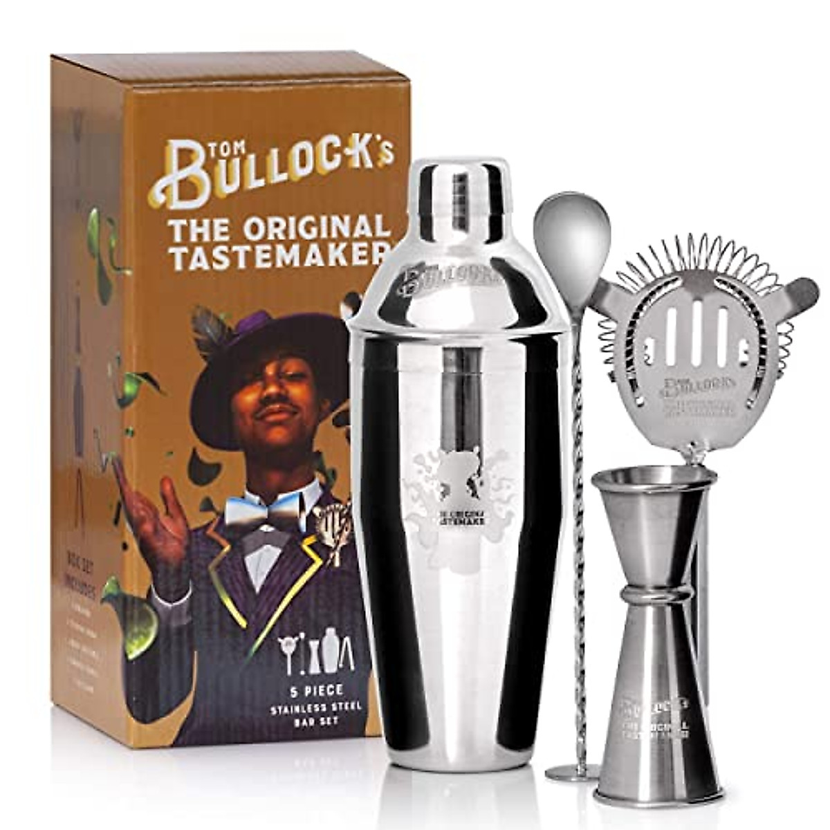5 pc. Cocktail Shaker Bar Set by Tom Bullock's, The Original Tastemaker: 25 oz Stainless Steel Shaker, Double Measuring Jigger, Stirrer/Mixer Spoon, Strainer and Ice Tongs. Become The Ideal Bartender!