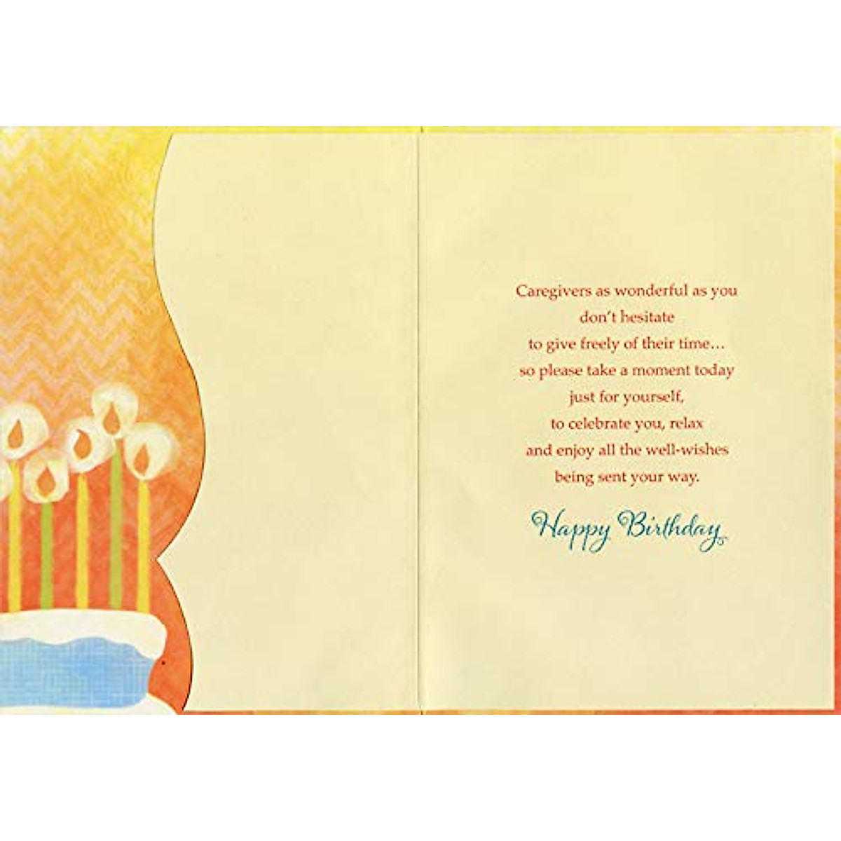 Designer Greetings Four Tiered Cake on Orange Chevron Pattern Birthday Card for Caregiver