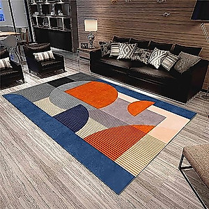 Modern Abstract Area Rug, 5x7ft, Blue Orange Gray Modern Geometric Rug Pad, Luxurious Fashion Minimalistic Art Design Anti-Slip Washable Carpet for Living Room, Indoor Rugs for Bedroom Dorm Hotel