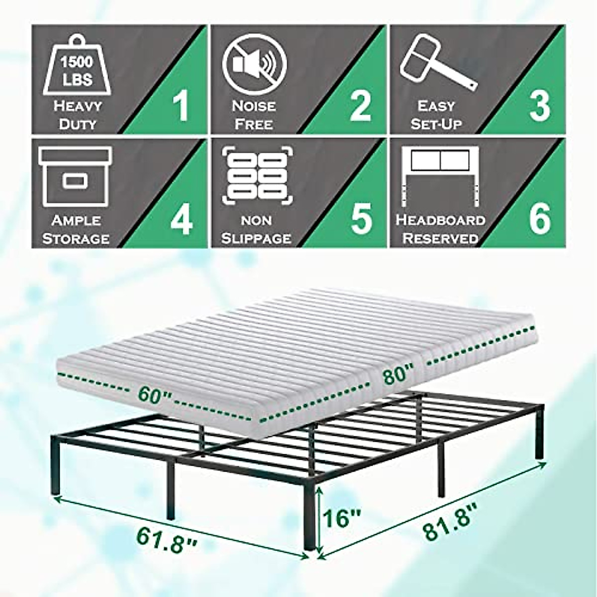 FALOIC Queen Bed Frame 16 Inch Black Metal Platform Bed Queen Size of Heavy Duty Noise Free, No Box Spring Needed, Easy Assembly Mattress Foundation…