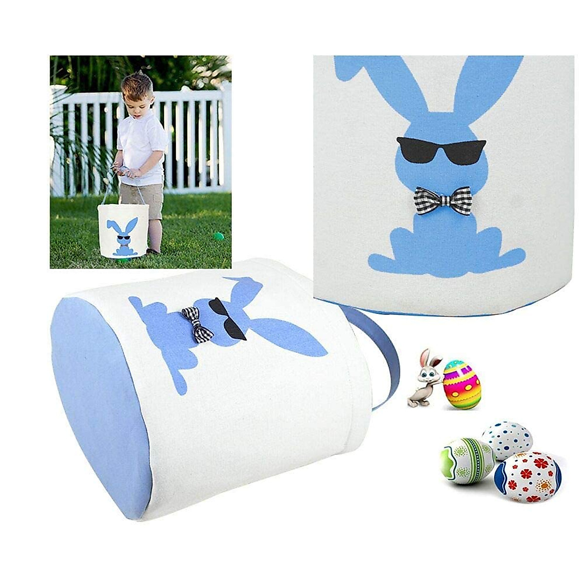 Easter Basket for Kids Easter Bunny Bag Easter Decorations (Blue - Glass)