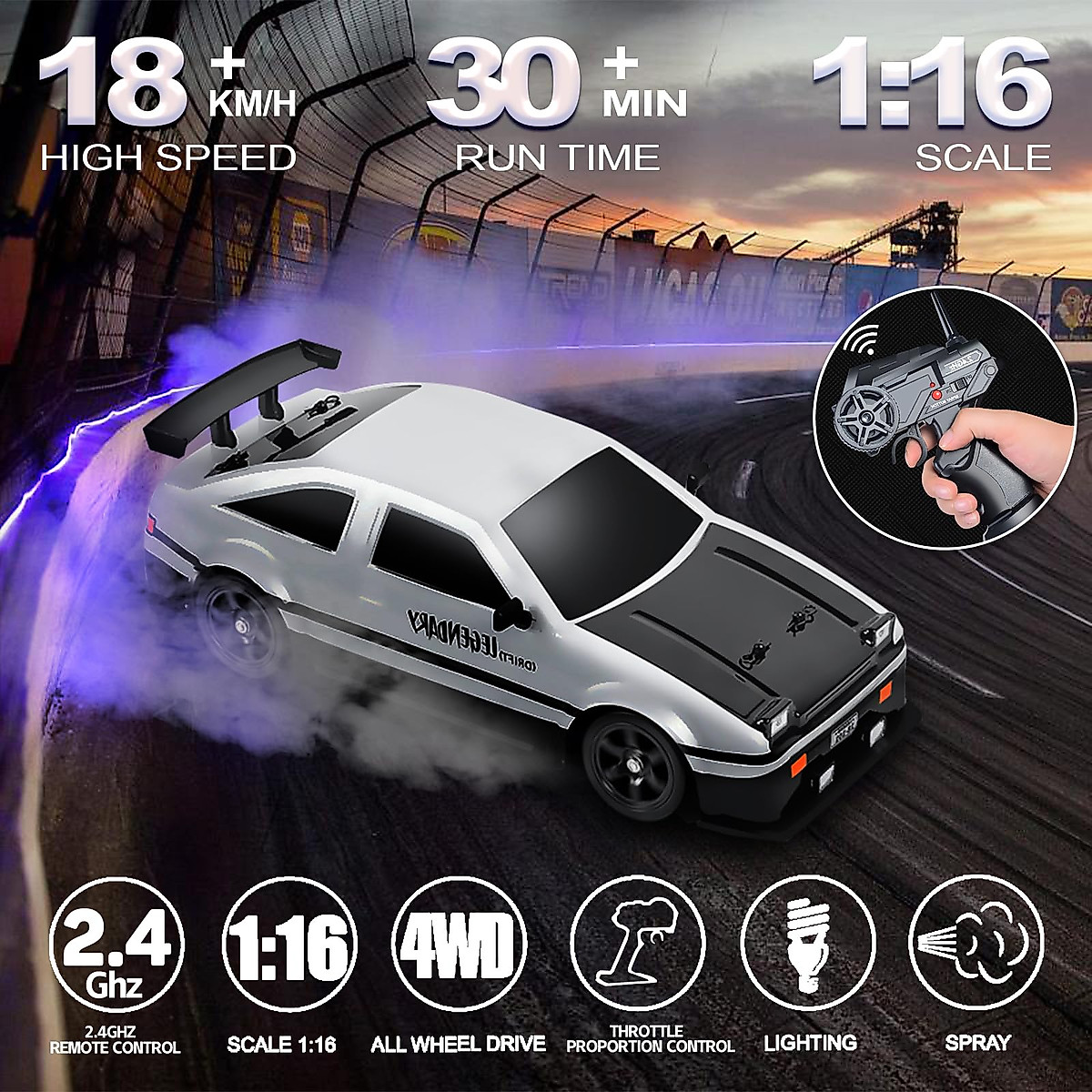Remote Control Car RC Drift Car 1:16 Scale 4WD 18KM/H High Speed Model Vehicle 2.4GHz with LED Lights Spray Rubber Tire Racing Sport Toy Car for Adults Boys Girls Kids Gift 2Pcs Rechargeable Batteries
