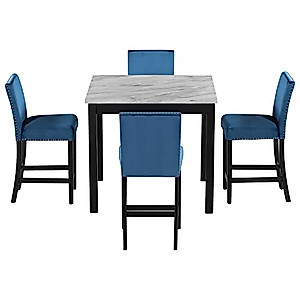 WOZNLA Room 5-Piece Counter Height Dining Set, Square Faux Marble Table with 4 Comfortable Upholstered Chairs, Small Family Kitchen Gathering, Blue