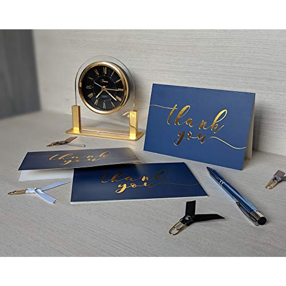100 Thank You Cards in Navy Blue with Envelopes and Stickers - Bulk Notes Embossed with Gold Foil Letters for Weddings, Graduations, Engagements, Business, Formal, 4x6 Inch
