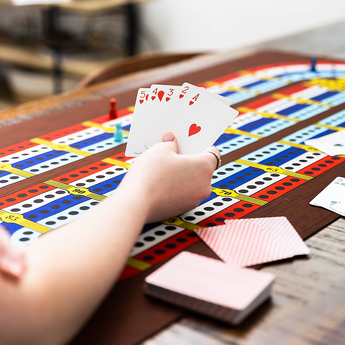 Tabletop Cribbage - Giant Spill-Resistant Neoprene Track Game Board (22" x 40") with 9 Pawns, Deck of Cards, & Travel Carry Bag - Classic Family Board Game Night & Bar Games - 2-4 Players, 30+ mins