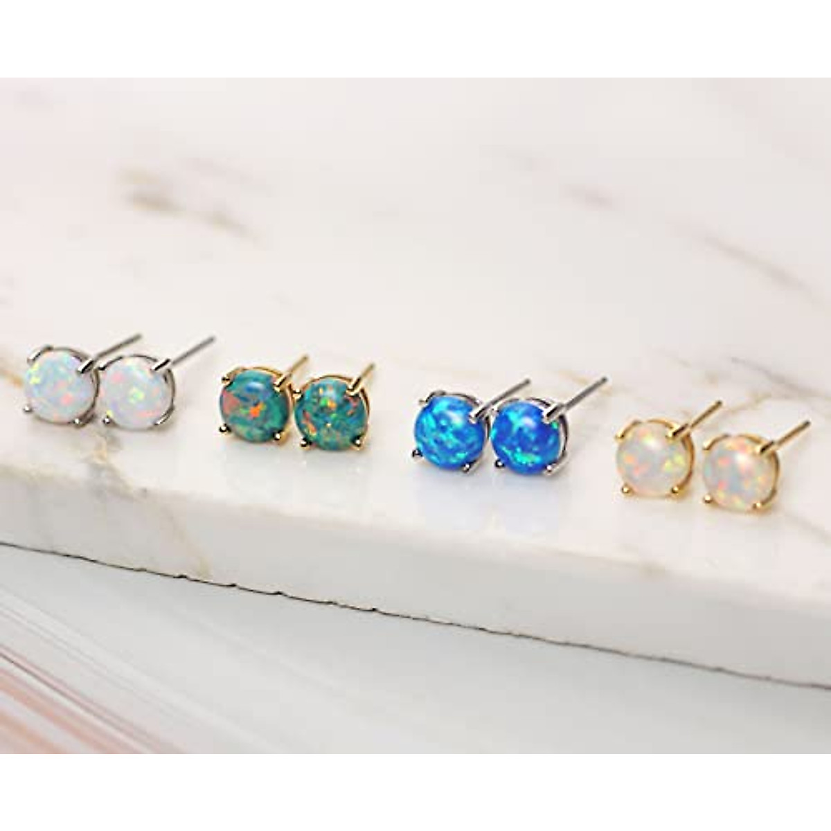 18K Gold Plated Opal Stud Earrings for Women Sterling Silver 5mm Solitaire Green Opal 4 Prongs Setting Simple Women Earrings