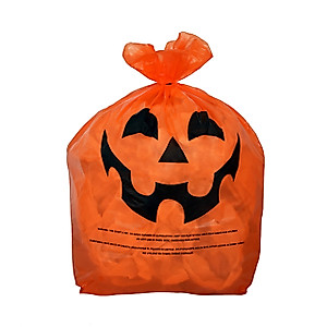KINREX Halloween Leaf Bags Pumpkin Plastic Lawn and Leaf Bags Decoration - Outdoor Fall Trash Bag Decor - Orange Jack O Lantern - Pack of 3 with Twist Ties
