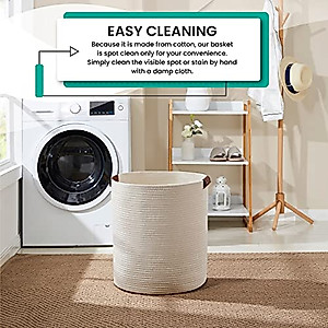 Organizix Large Cotton Rope Laundry Hamper Woven Basket with Leather Handles, Storage Basket for Toys, Blanket, Throws, Pillows and Towels - 16 x 18, Cream