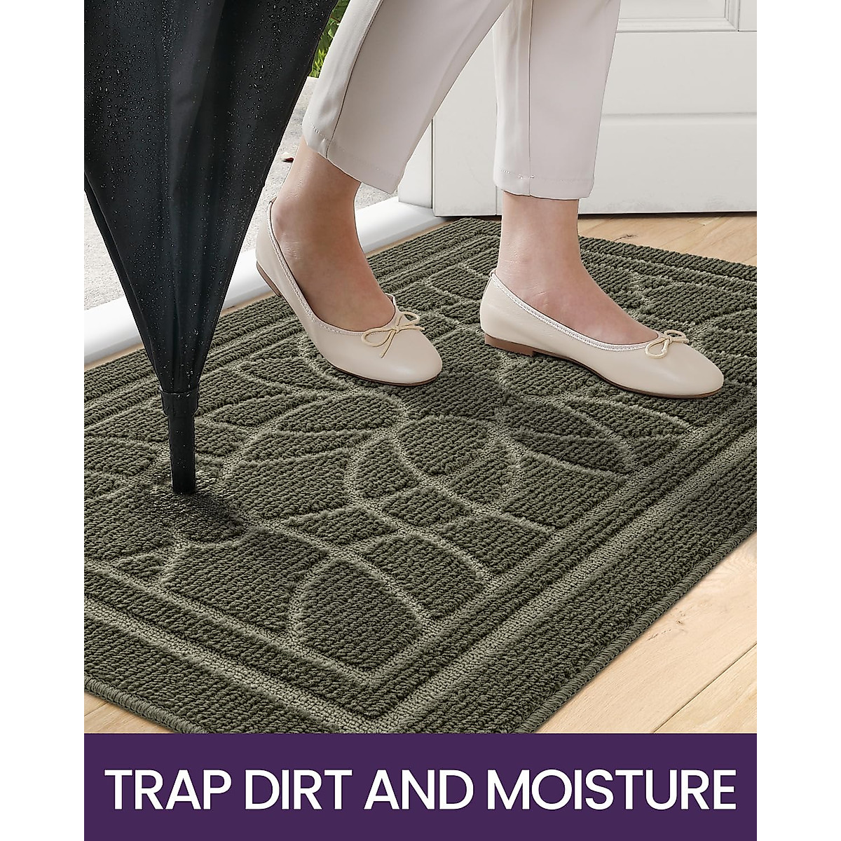 DEXI Front Door Mat for Home Entrance, 24x36 Non-Slip Absorbent Floor Mats Low-Profile Washable Doormat for Entryway, Garage, Patio, Green