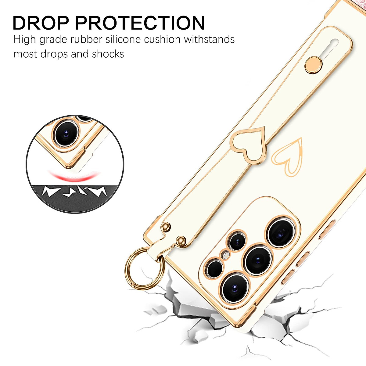 BENTOBEN for Galaxy S23 Ultra Case with Adjustable Wristband Kickstand Loop, Cute Heart Luxury Plating Bumper, Raised Corner Shockproof Women Girls Phone Cover for Samsung Galaxy S23 Ultra 6.8", White