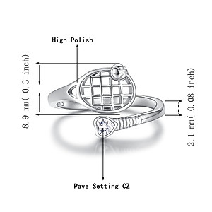 925 Sterling Silver Basketball Baseball Softball Football Tennis Racket Ring Adjustable Sports Jewelry Gifts for Women Player Mom (Tennis Racket)