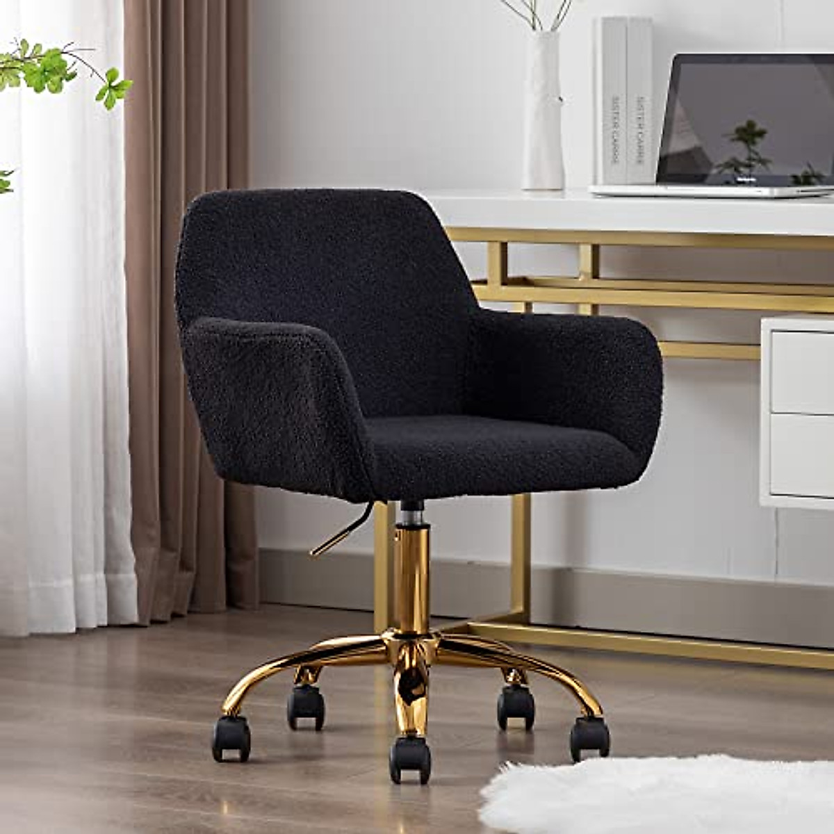 HomVent Furry Cute Office Chair, Teddy Swivel Desk Chair, Faux Fur Makeup Vanity Chair with Back, Black and Gold Desk Chair with Wheels, Upholstered Rolling Chair for Vanity Makeup Room Girls Women