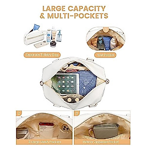 LOVEVOOK Travel Duffle Bag for Women, Leather Carry On Weekender Bag with Toiletry Bag, Cute Overnight Bag Tote Gym Duffel Bag with Wet Pocket for Hospital Yoga Sports Dance White