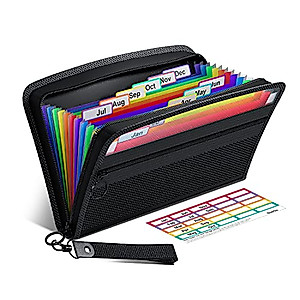 ThinkTex Receipt Coupon Organizer, 12 Pockets Small Accordian File Organizer, Junior Size 11x 6 Inches, Zipper Closure, Multi-Color Tabs