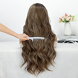 K'ryssma Ash Brown Wig with Highlights Long Wavy Synthetic Wigs for Women Natural Hairline Ombre Highlight Wig with Dark Roots