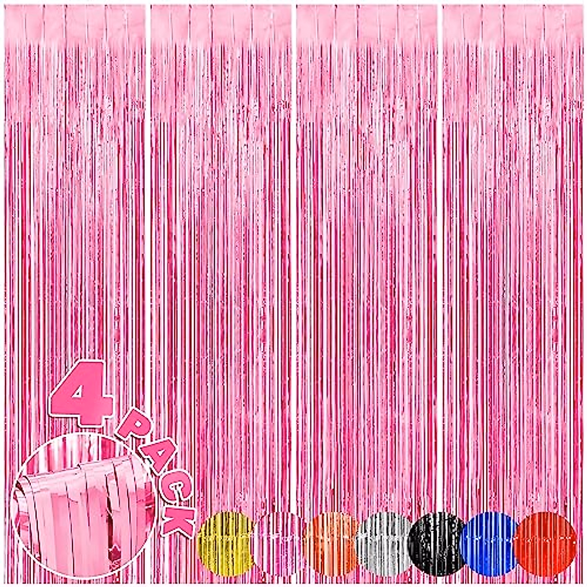 4-Pack Backdrop for Party Decorations, Foil Fringe Backdrop Curtains, Tinsel Streamers for Birthday Party Decorations, Pink Backdrop Curtains for Girl Graduation Unicorn Mermaid Disco Princess Parties
