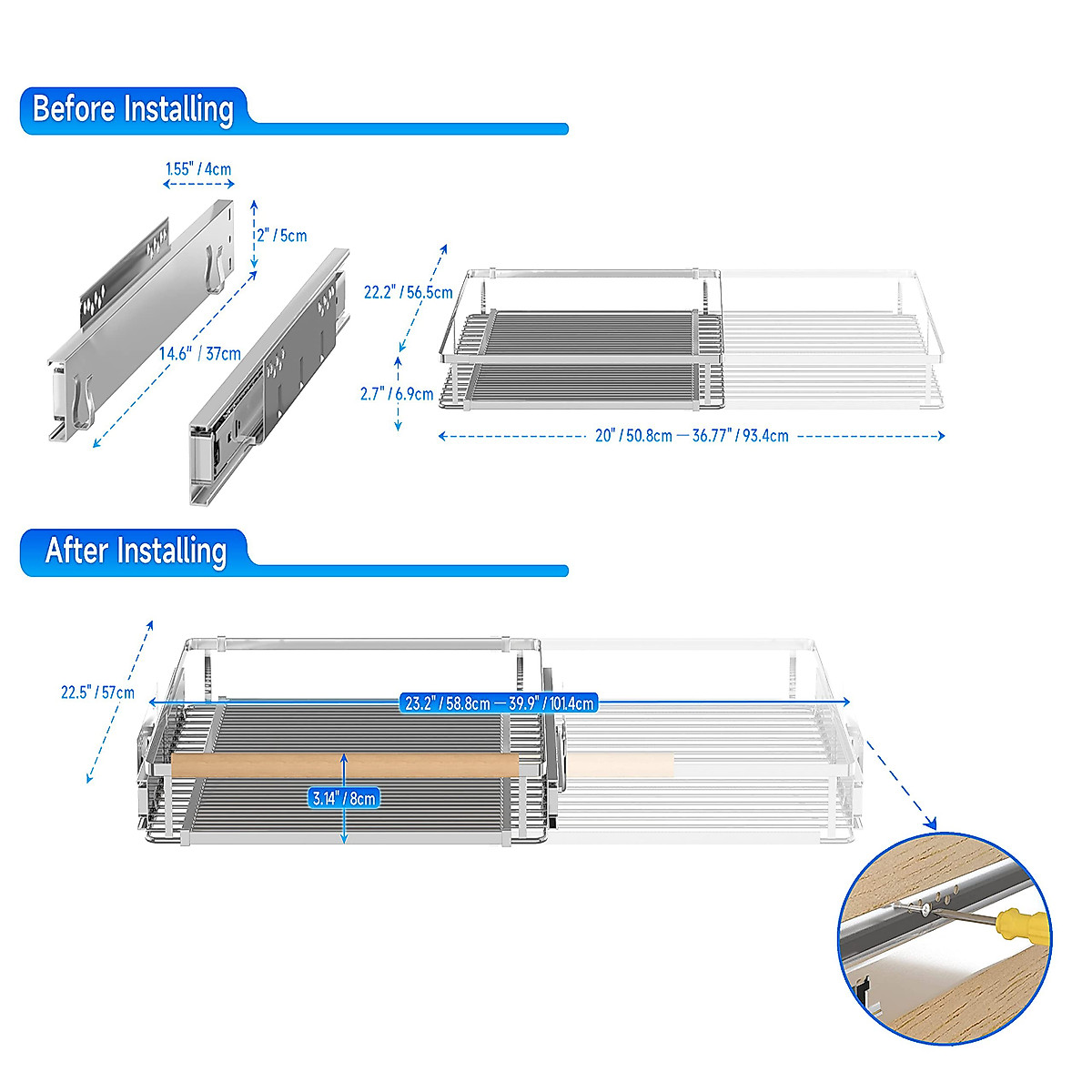 2Pack Expandable Pull Out Cabinet Organizer, 23~39.8"W x 22.5"D Heavy Duty Slide Out Shelves Adjustable Height Cabinet Pull Out Shelves,Expandable Width Spice Rack Organizer for Kitchen Cabinet