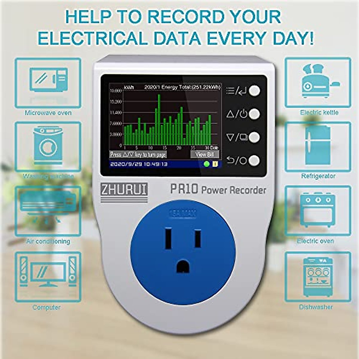 ZHURUI PR10-E US15A Power Meter Plug/Home Power metering Socket/watt Meter/2.4 inch TFT Color LCD/0.5FS(New)