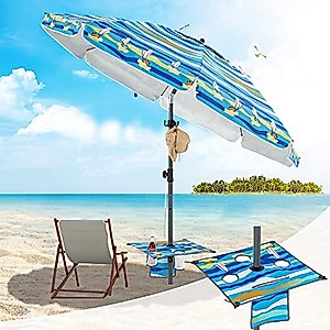 Magiea 7ft Beach Umbrellas For Sand Heavy Duty Wind, Portable Beach Umbrella UPF 50+ Windproof Outdoor Beach Umbrella with Sand Anchor, Tilt Pole, Carry Bag, Table Tray, Vent and Hook