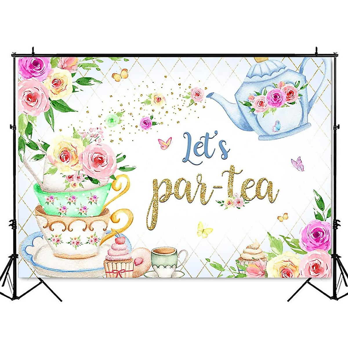 Tea Birthday Party Backdrop Let's Partea Pink Flowers Photo Background Newborn Kids Princess Birthday Party Decoration Cake Table Banner (7x5ft)
