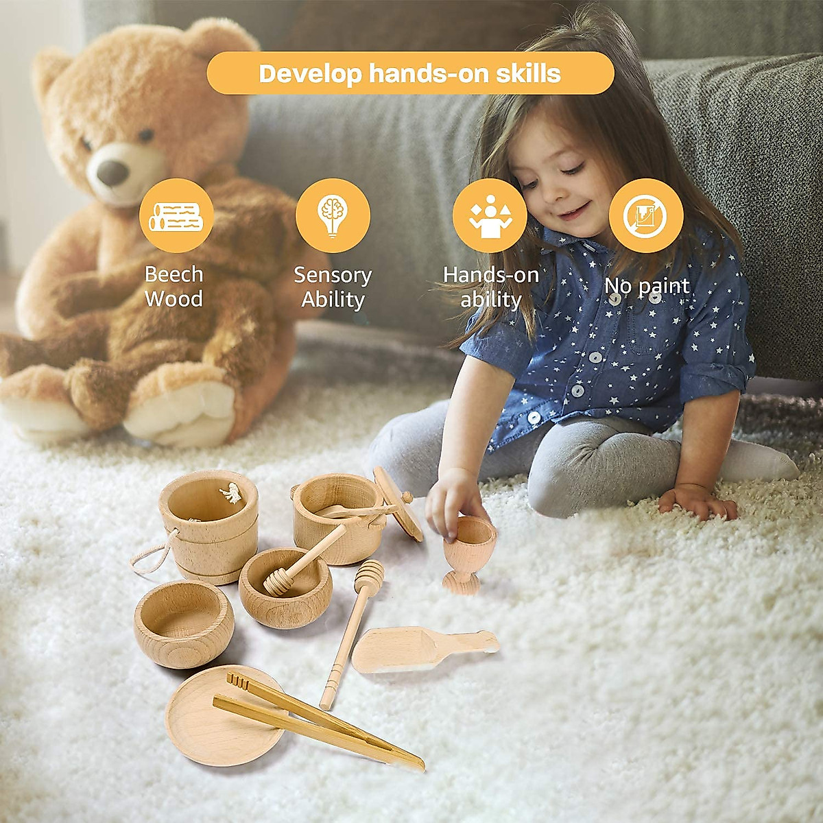 MONT PLEASANT Montessori Toys Sensory Bin Toys for 1 Year Old Toddlers, 11pcs Wooden Waldorf Toys Wooden Scoops and Tongs for Transfer Work and Fine Motor Skills Development