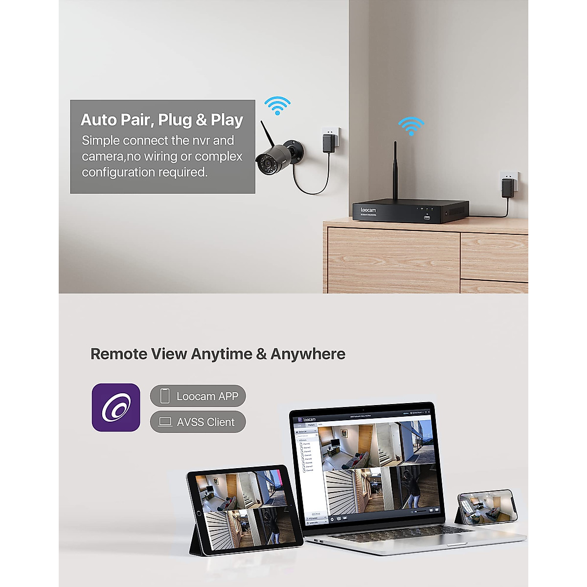 Loocam 900MHz Wireless Security Camera System Outdoor 2TB Hard Drive, 2000ft Long Range Transmission, 4 Camera 6 Channel NVR Surveillance Kit