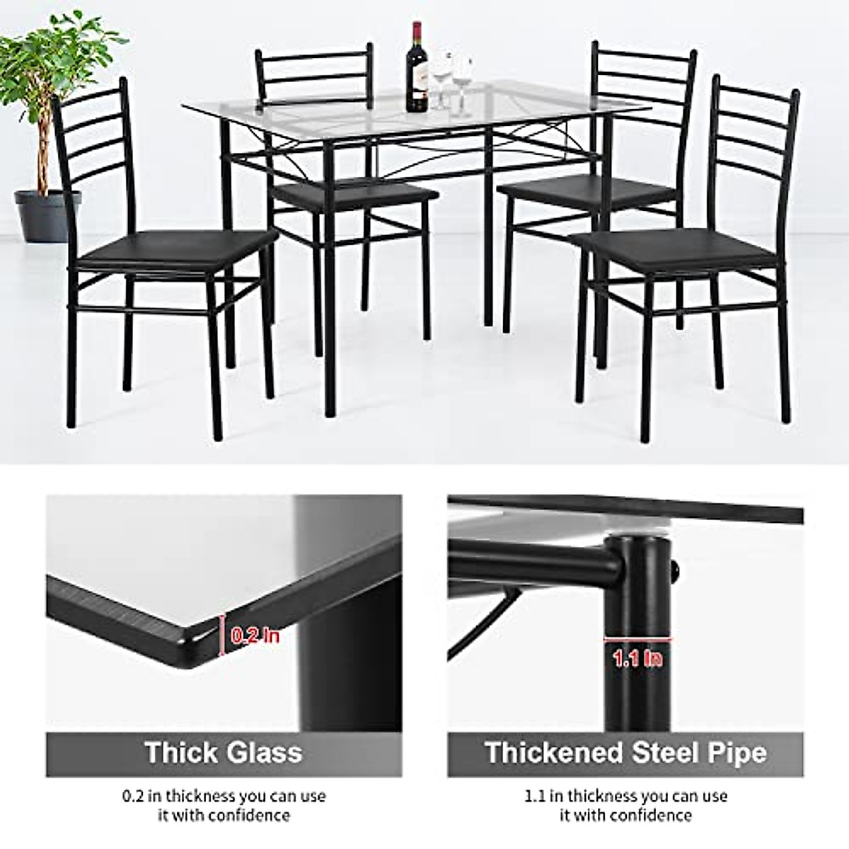 Dining Table Set Kitchen Table and Chairs for 4 Kitchen Table Dining Room Table Set Home Furniture Rectangular Modern Chairs with Metal Legs for Breakfast Nook Kitchen Dining Room (Glass)
