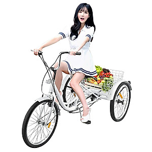 24-inch Adult Tricycle 1/7 Speed 3-Wheel Pedal Bicycle with Shopping Basket Suitable for Men and Women