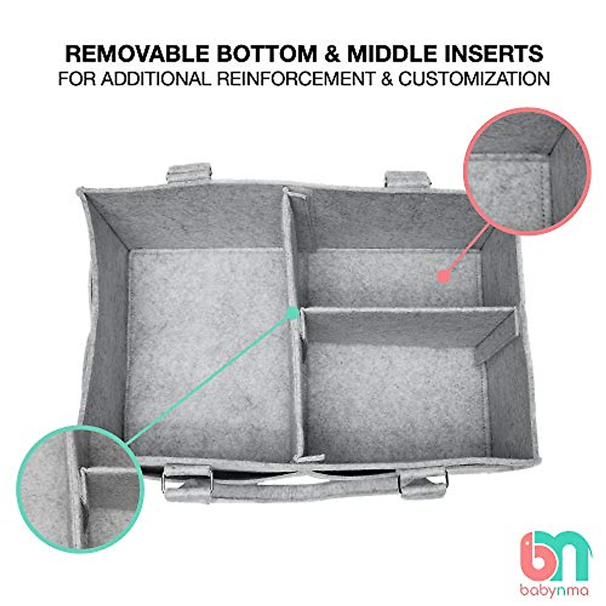 Babynma Felt Diaper Caddy - Extra Large Storage for Baby and Toddler Items - Portable Organizer Easily Holds Diapers, Wipes, Clothing, Burp Cloths, Toys, Bottles - Useful for Nursery, Bedroom, Living Room, Car - Baby Shower and Registry Gift - Grey