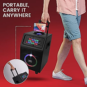 Pyle Portable Karaoke PA Speaker System - 600W 8” Rechargeable BT Speaker, TWS, Party Lights, LED Display, FM/AUX/MP3/USB/SD, Wheels - Wireless Mic, Remote Control, Tablet Holder Included - PHP18DJT