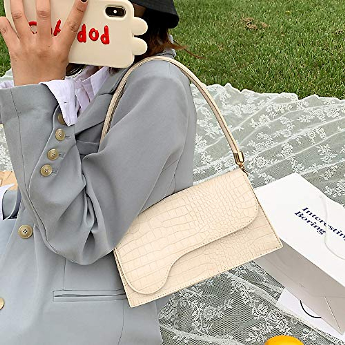 AMHDV Retro Classic Clutch Shoulder Bag Crocodile Pattern Small Crossbody Handbag for Women (03off-white)