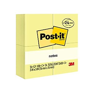 Post-it Notes, 3x3 in, 24 Pads, America's No.1 Favorite Sticky Notes, Canary Yellow, Clean Removal, Recyclable (654-24VAD)