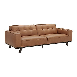 Modern Leather Sofa Couch with Wood Base, 89.4" W, Cognac/Espresso