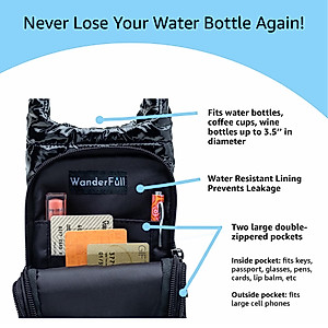 WanderFull Original Crossbody HydroBag | Quilted Water Bottle Carrier | Puffer Tote Tumbler Holder with Pockets for Purse, Phone & Accessories | Carry Travel Essentials (Black Glossy/Black Strap)