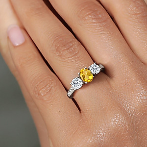 Gem Stone King 925 Sterling Silver Yellow Citrine and White Topaz 3 Stone Ring For Women (1.72 Cttw, Gemstone Birthstone, Available In Size 5, 6, 7, 8, 9)