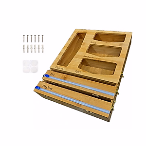 Bamboo Ziplock Baggies Storage Bag Organizer, sandwich bag organizer, Aluminum Tin Foil and Wrap Cutter Dispenser, Drawer or wall Organization,6 in 1 Kitchen Holder