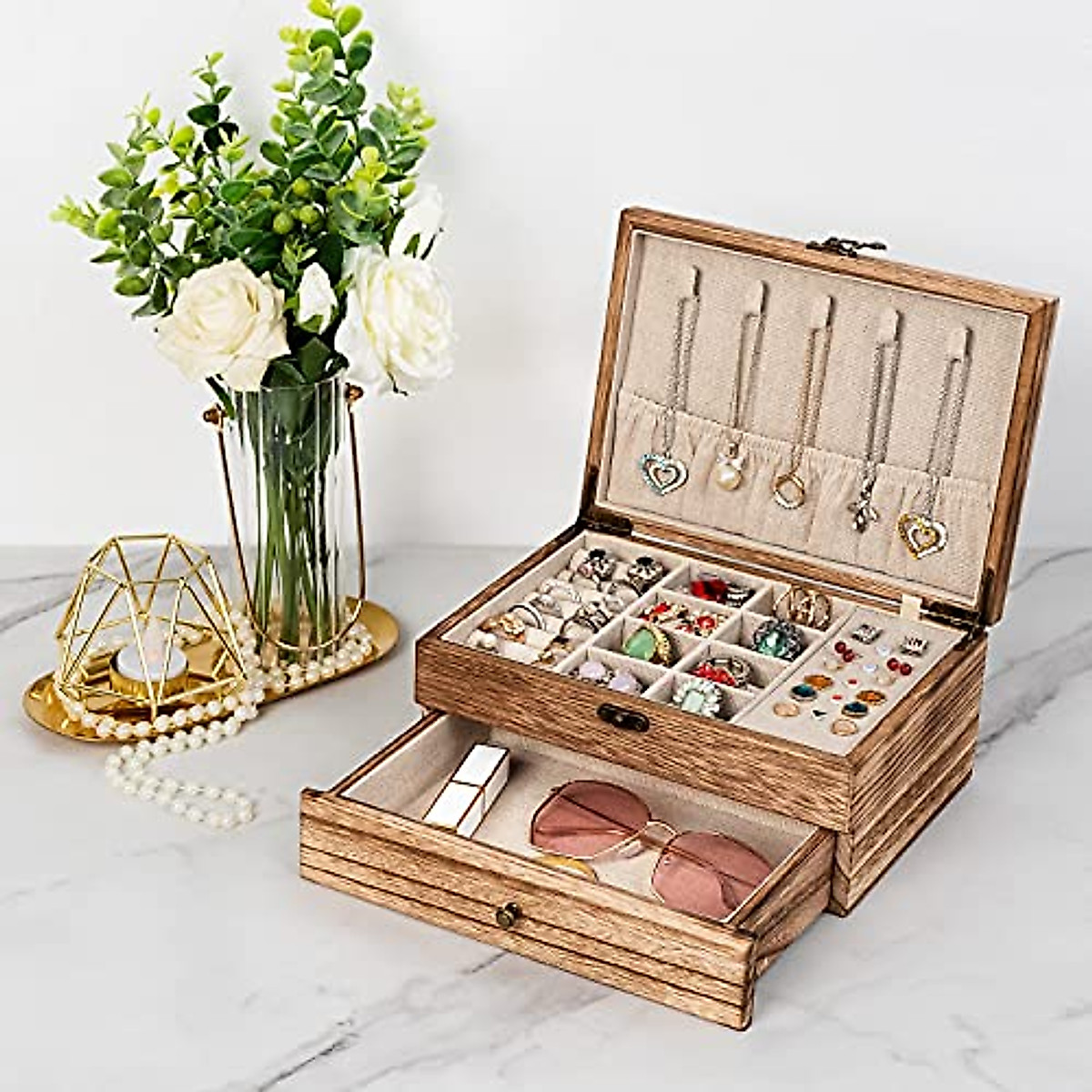 Pinzoveco Jewelry Box for Women, Rustic Wooden Jewelry Organizer Box for Storage Earrings Rings Necklace Bracelet, Farmhouse Style Wood Jewelry Boxes & Organizers (Torched Wood Color)