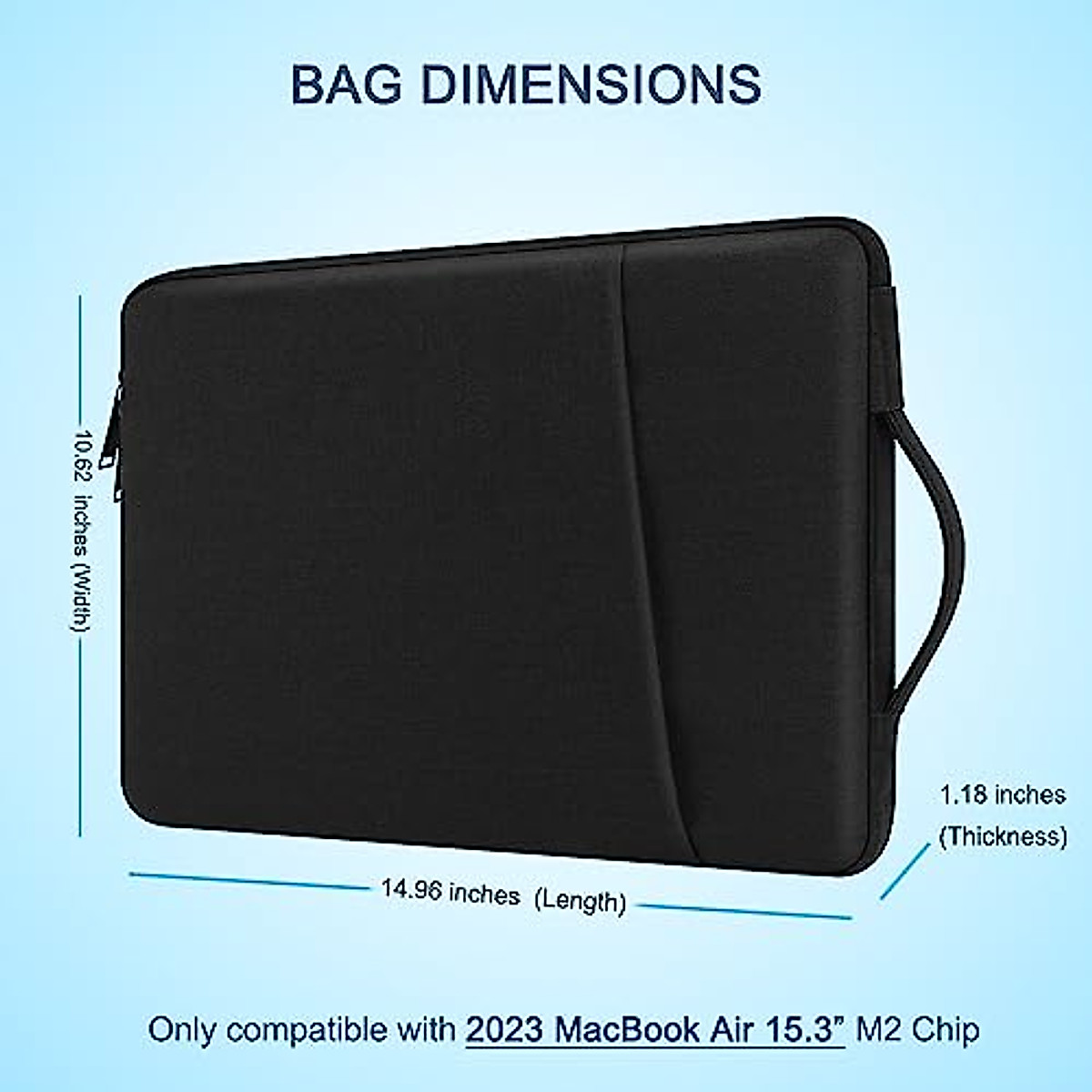 Laptop Sleeve Case for 2023 MacBook Air 15.3 inches A2941 M2 Chip Canvas Handbag Portable Package Pouch Carrying Travel with Stainless Steel Zipper Polyester Accessories (Black)