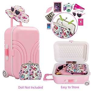 Windolls 18 Inch Doll Suitcase Travel Luggage Play Accessories - 18" Doll Clothes Accessories Travel Carrier Storage Set, Include Case, Doll Clothes, Hat, Sunglasses, Camera, Pillow, Toy Pet, etc