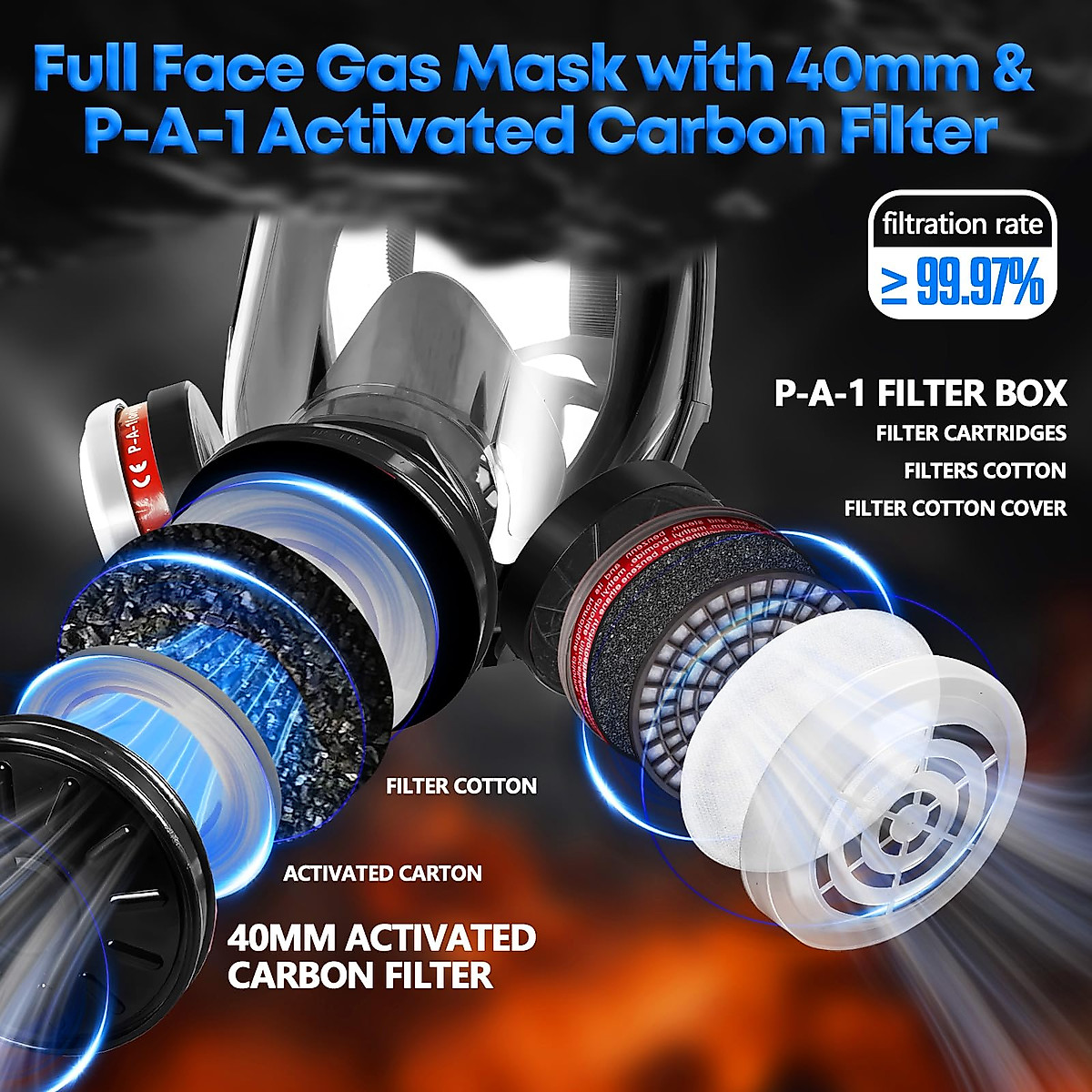 UXLXLK Full Face Gas Mask: Gas Masks Survival Nuclear and Chemical with 40mm & P-A-1 Activated Carbon Filter Full Face Respirator Mask Used for Dust Spray Machining Soldering Polishing Welding