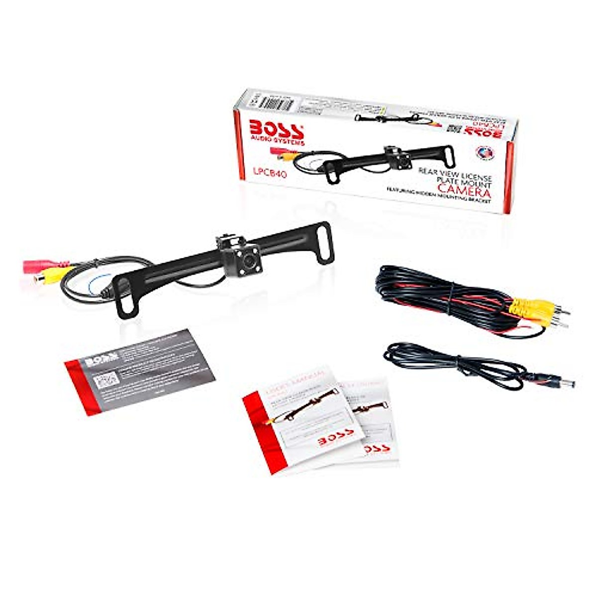 BOSS Audio Systems LPCB40 Rearview Car Backup Camera - License Plate Mount, High Resolution, Color, 170° Wide Angle View, Weatherproof, Wide Angle View, Low Light Friendly, Distance Guide View